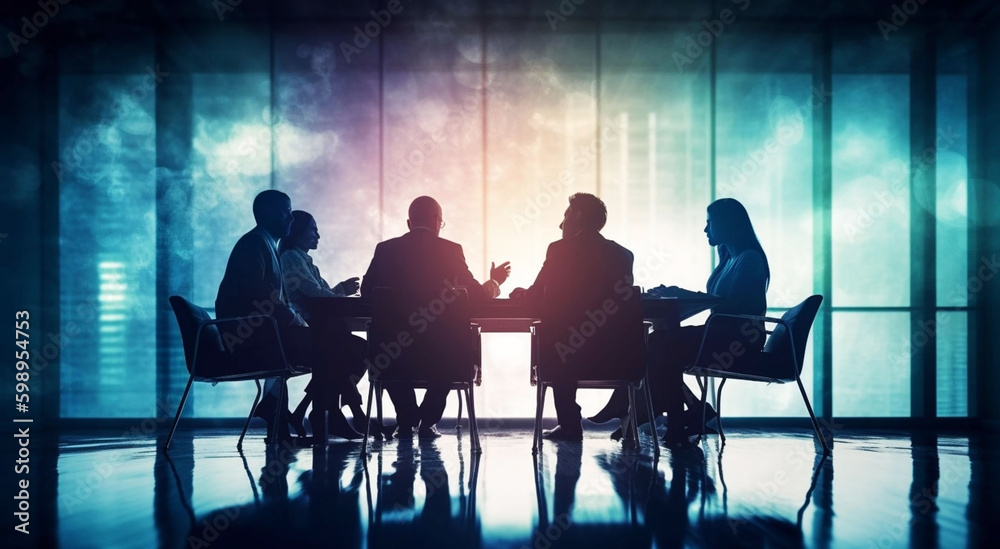 Several people at table gathered around conference table in style of ...