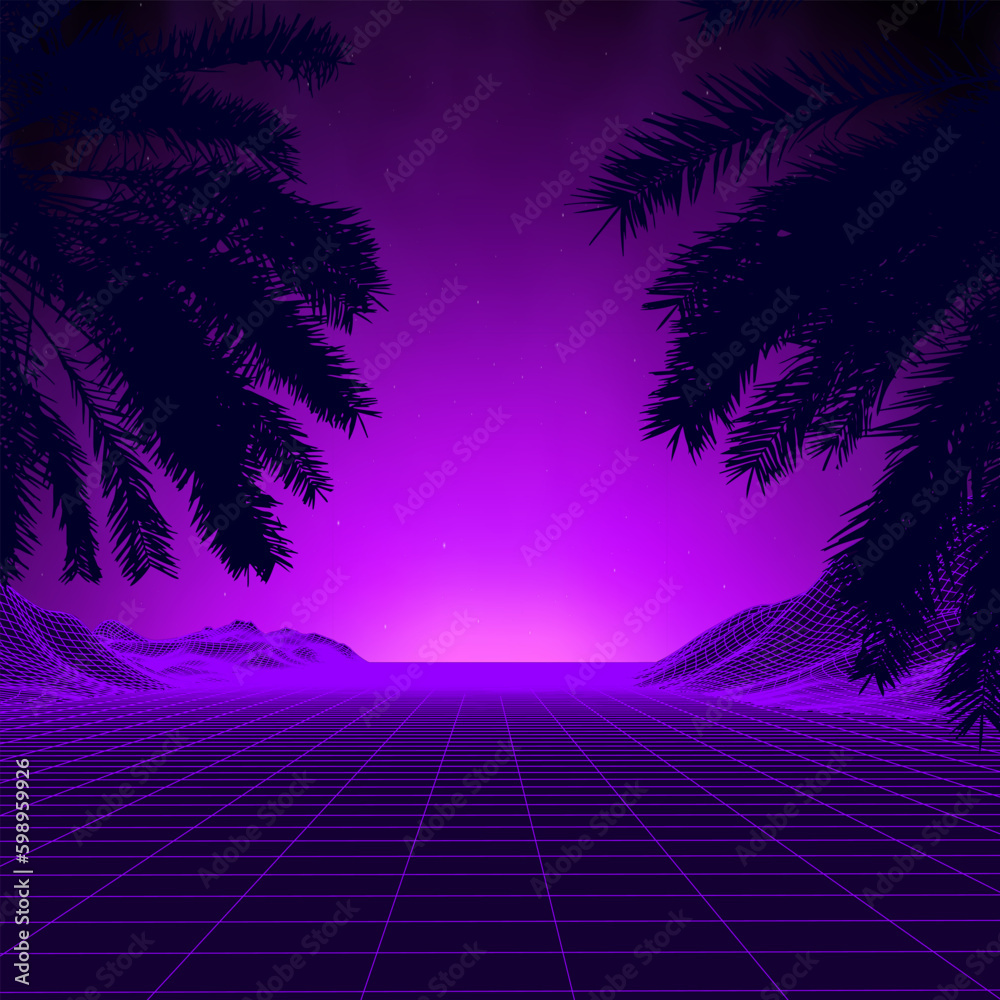 3d sunset on the beach. Retro palms vector sci fi background. Digital ...