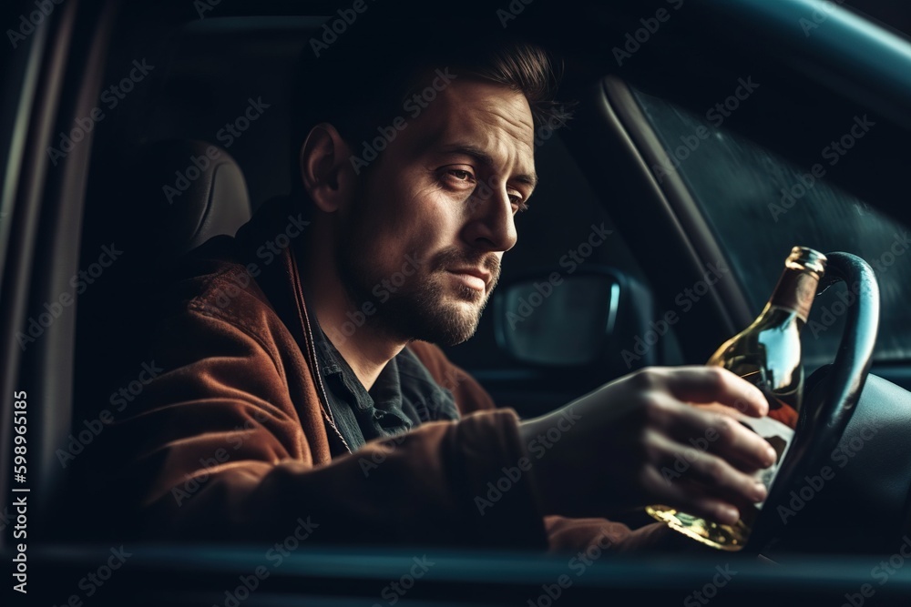drunk driver with a bottle of alcohol in his hand is driving a car ...