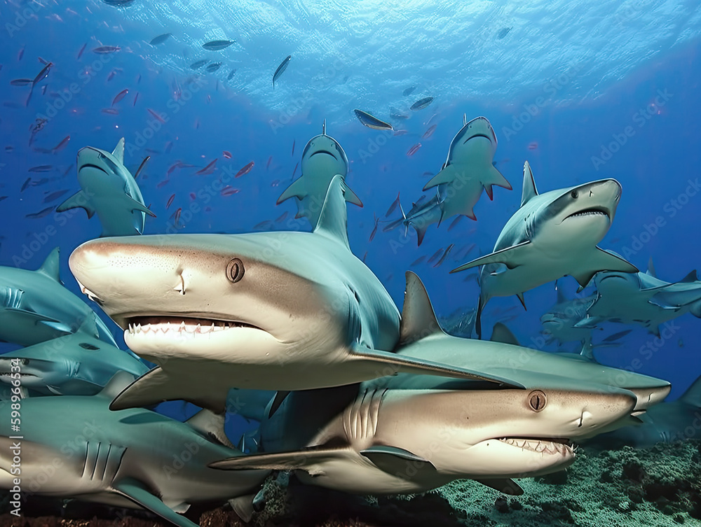 Ocean shark bottom view from below. Open toothy dangerous mouth with ...