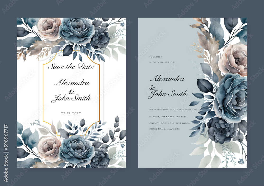 White blue rose floral flower vector flower wedding invitation template ...