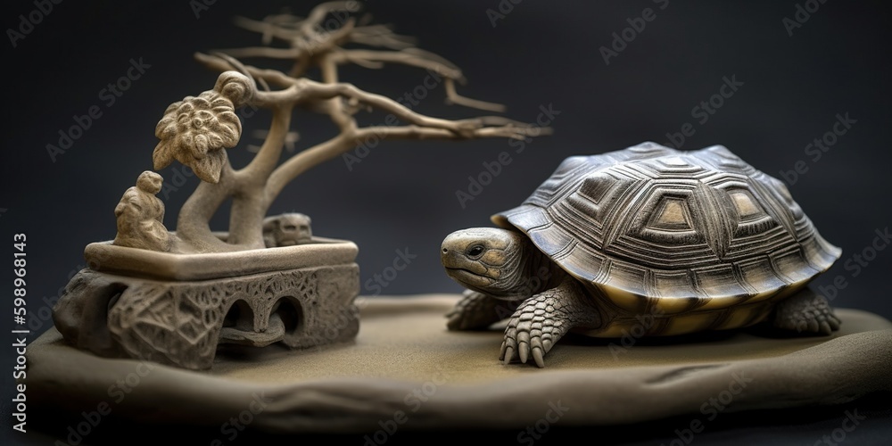 Wise old tortoise carrying a miniature zen garden on its shell, against ...