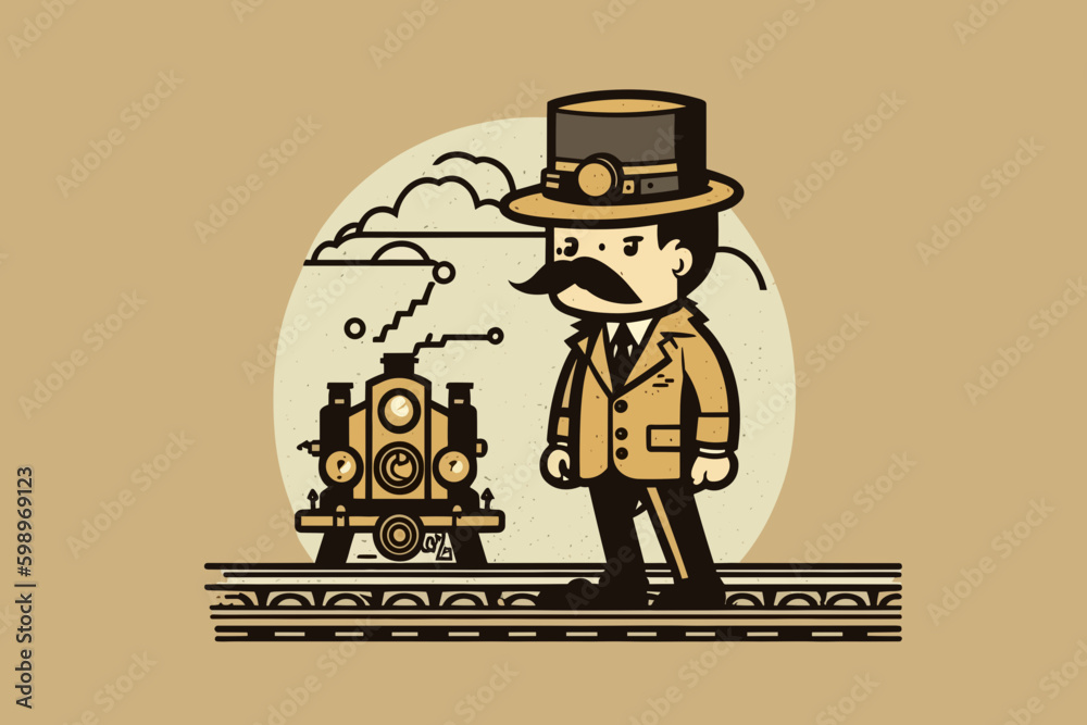 Doodle inspired Railroad inspector, cartoon sticker, sketch, vector ...