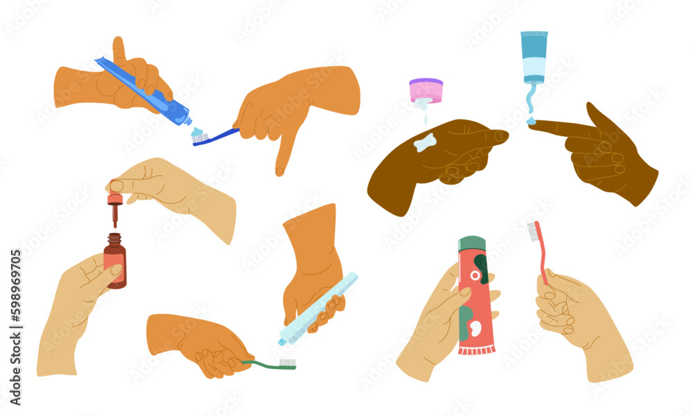 People hands doing morning routine close up vector illustrations set ...