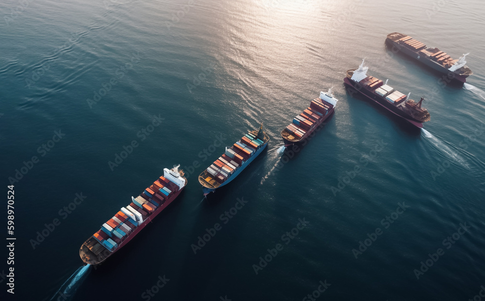 A busy industrial pier lined with colossal container ships, their holds ...