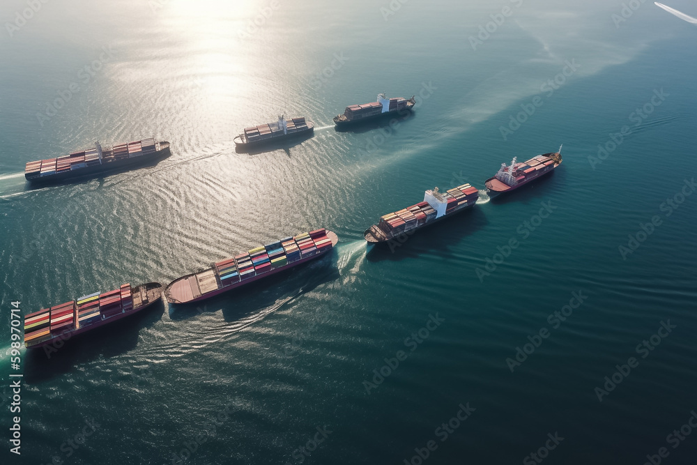 A busy industrial pier lined with colossal container ships, their holds ...