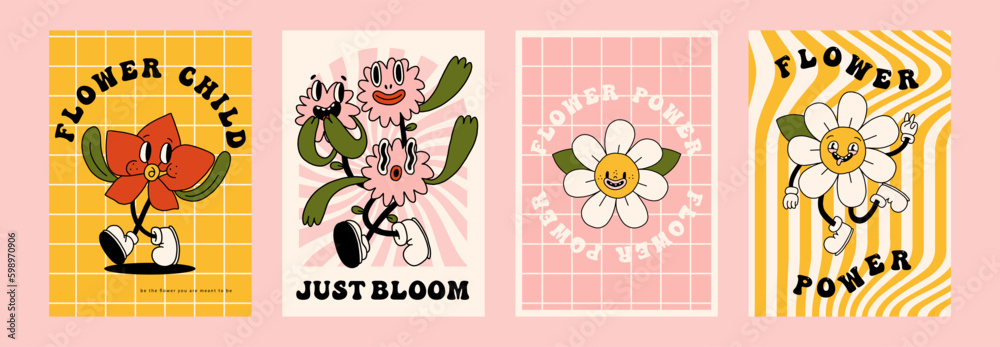 Groovy hippie 70s floral poster set. Funny cartoon flowers in trendy ...