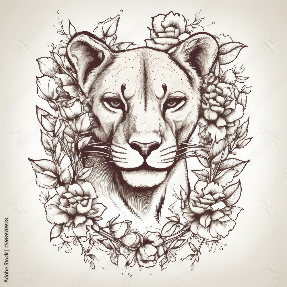 Floral tattoo style lioness isolated on white background Stock ...