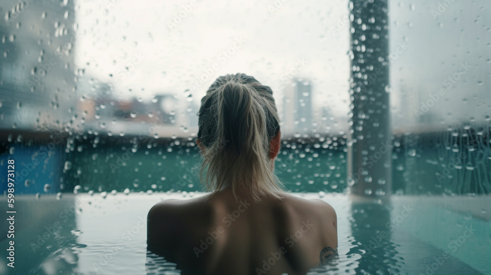 Back View of Beautiful Girl in Glass Pool with City View - Generative ...