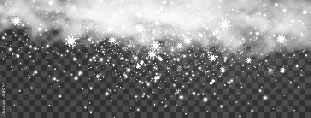 Vector illustration of flying snow on a transparent background.Natural ...
