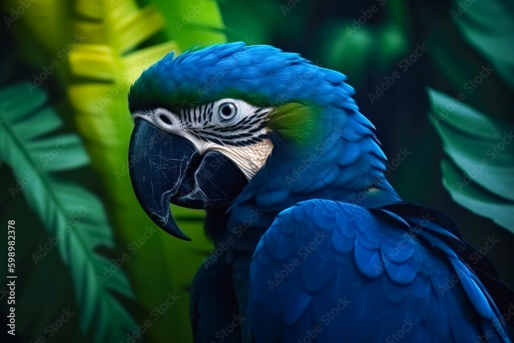 Generative AI illustration of blue parrot sitting in thick forest with ...