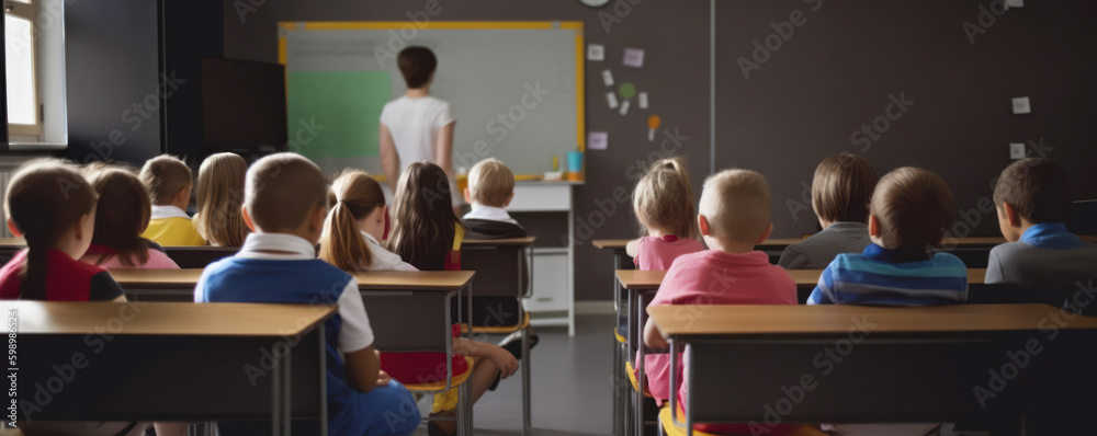 Generative AI illustration of class full of children listening to ...