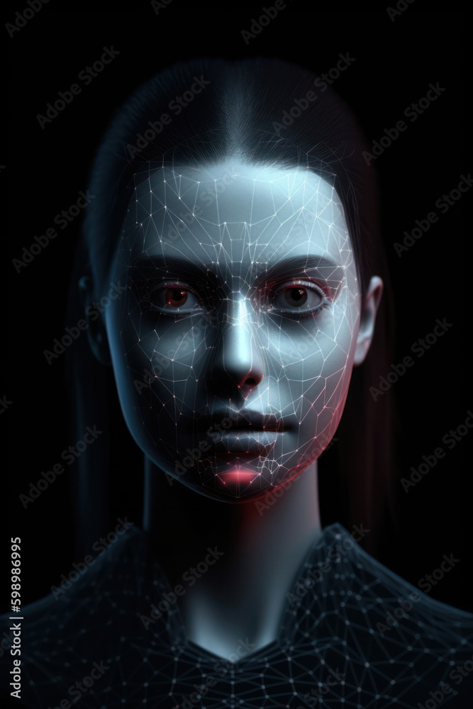 Generative AI illustration visualisation of young female face with ...