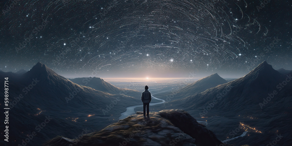 Back view of tourist standing on background of mountains and sky with ...