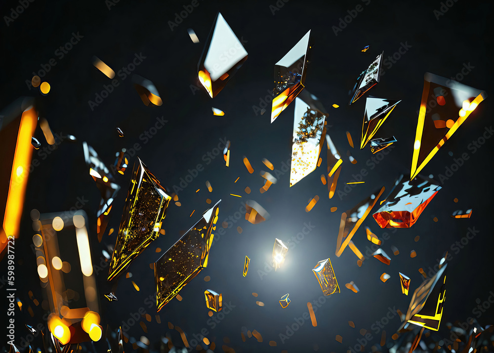 Pieces of a broken glass flying in the air, with reflections of a light ...