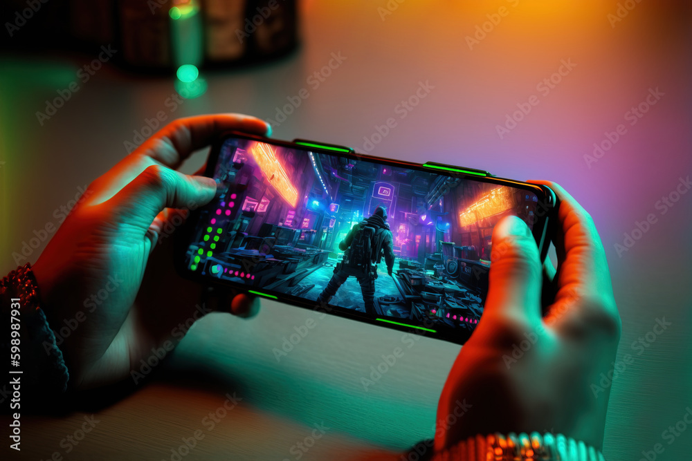 Close-up of a gamer holding a professional neon-backlit gaming ...