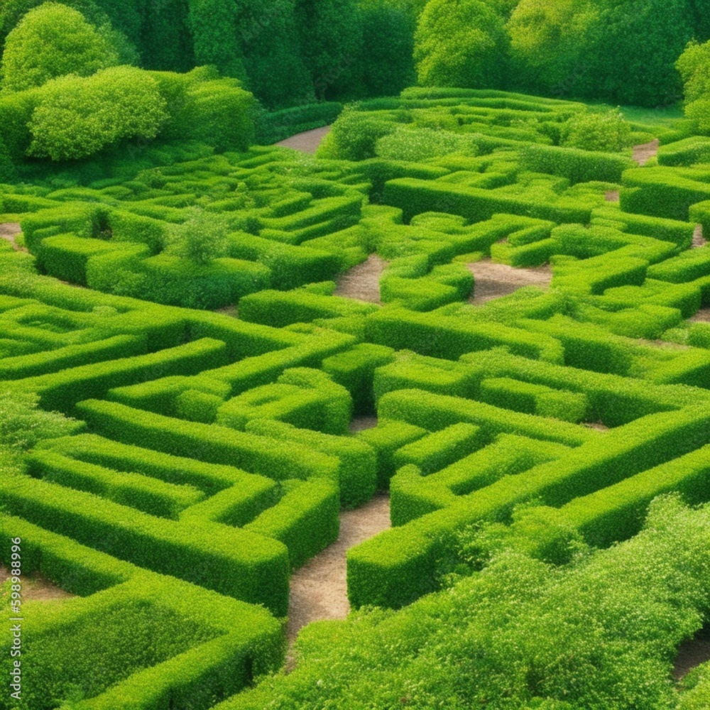 Green labyrinth. Plant maze. Garden. Aerial view of green labyrinth ...