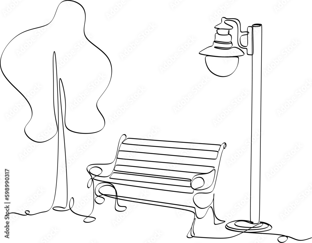 Bench in the park near a tree and a lantern, continuous one line vector ...