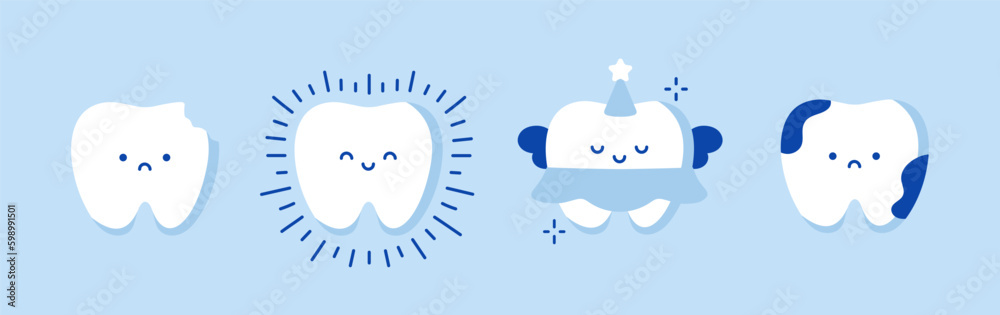 Vetor de Funny cartoon vector teeth set. Tooth fairy with wings. Broken ...
