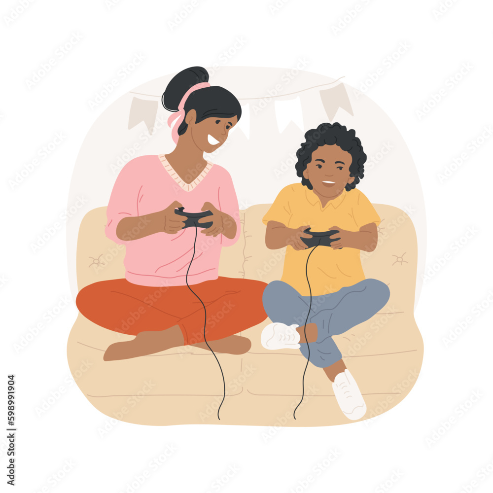 Playing video games isolated cartoon vector illustration. Mom and son ...