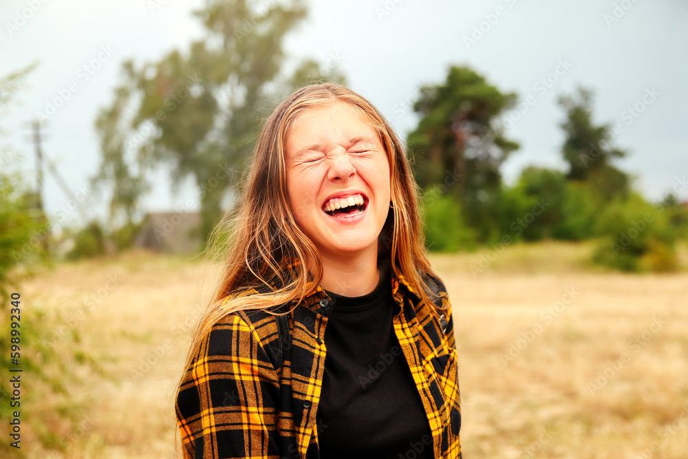 Smiling happy girl laughing emotions. Portrait preteen girl on the ...