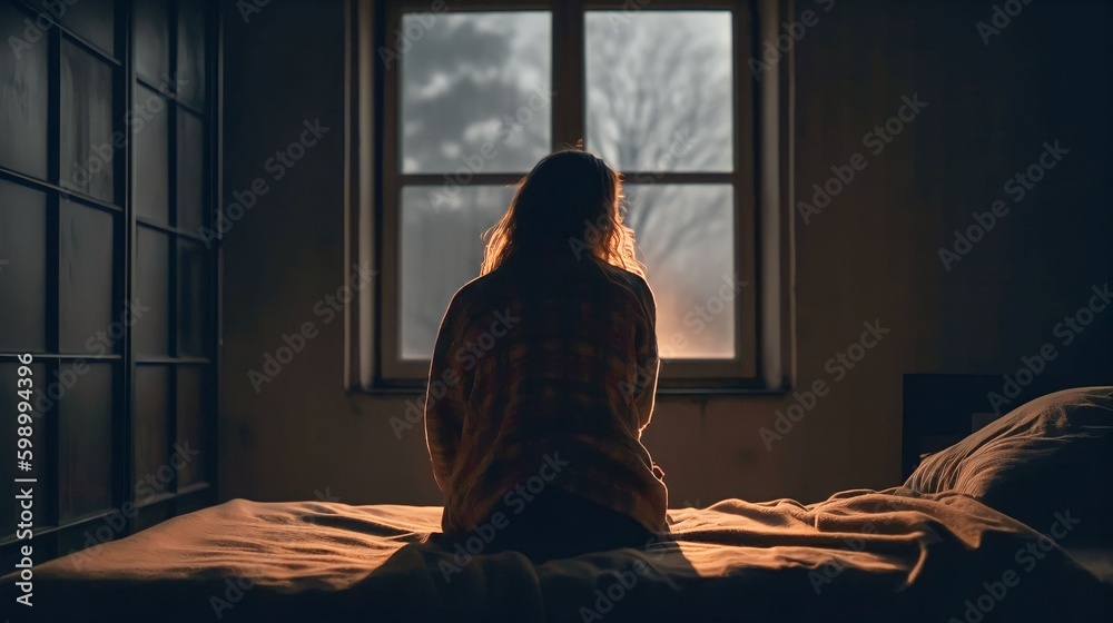Rear view of woman sitting alone on bed in room and looking through ...