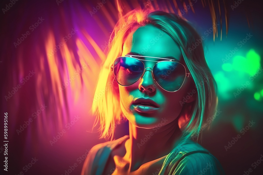 Attractive girl clubbing at the hot summer dance party. Neon light ...