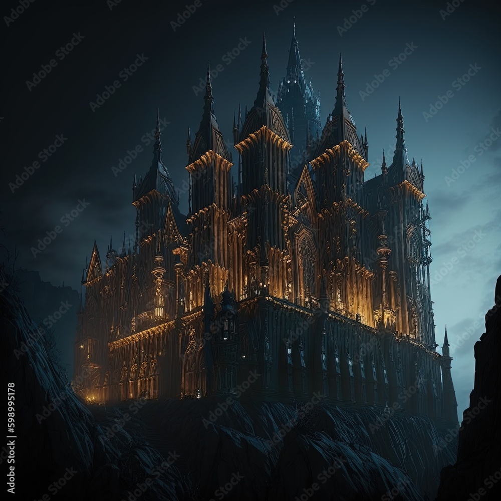 A dark fantasy gothic castle, The kingdom of Orgund in a chaotic, dark and sinister world where ...