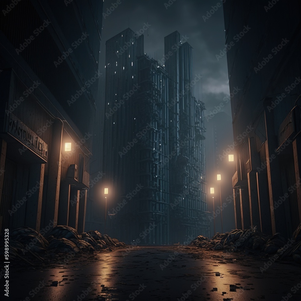 A eerie ghost town in a dark futuristic City, rain and thunders. Stock ...