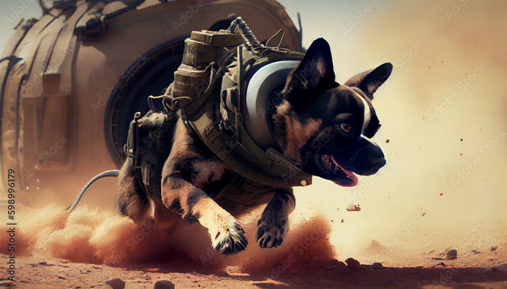 Artistic recreation of a war dog running in full battle in the desert ...