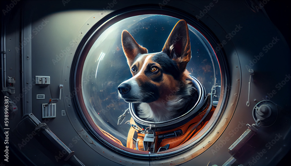 Artistic recreation of Laika, space dog, with spacesuit. Intelligence ...