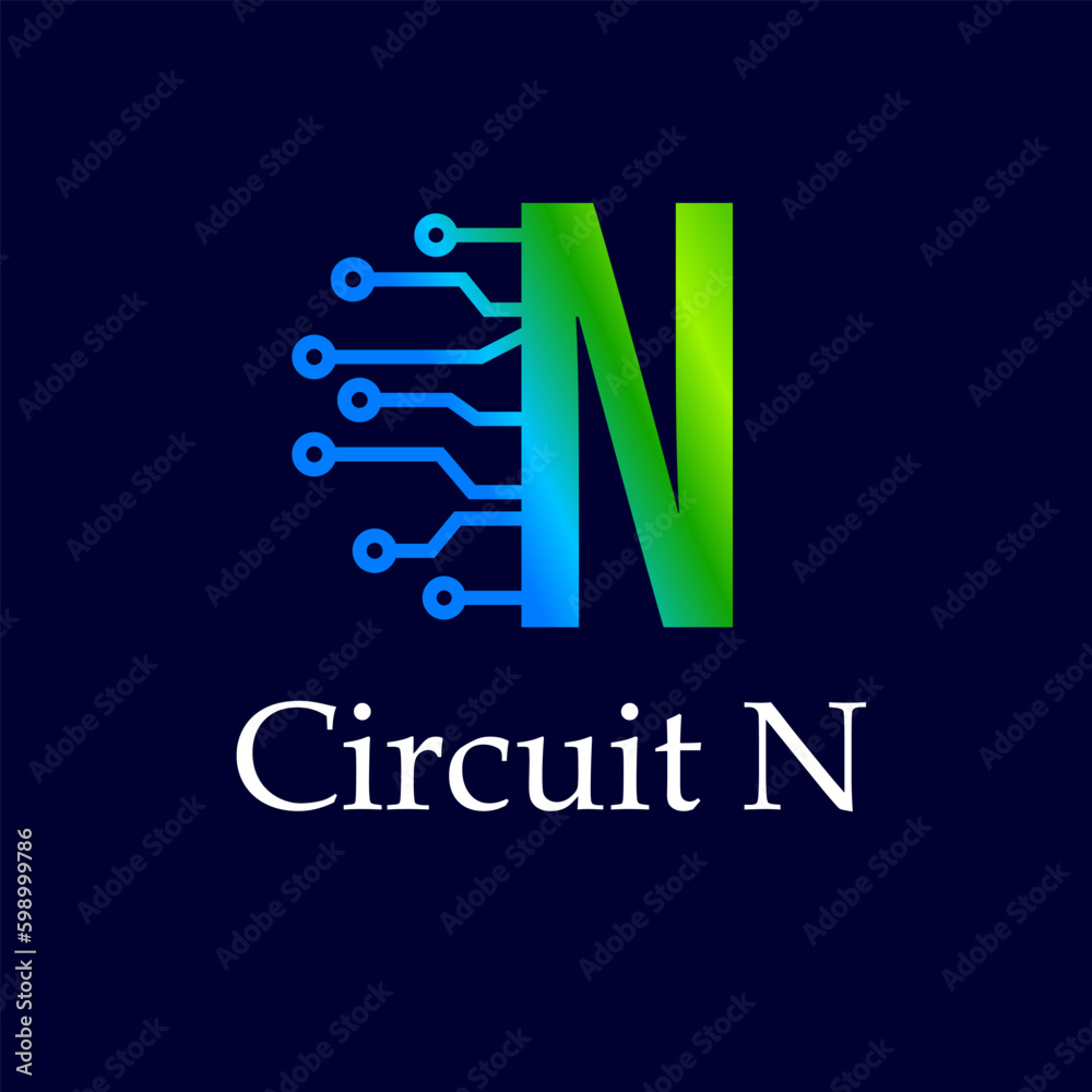Letter N Logo With Technology Circuit Style Green And Blue Gradient