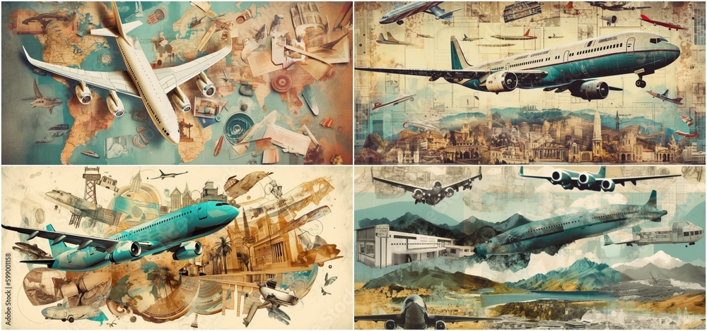 Artistic collage of world travel by plane Beautiful illustrations ...