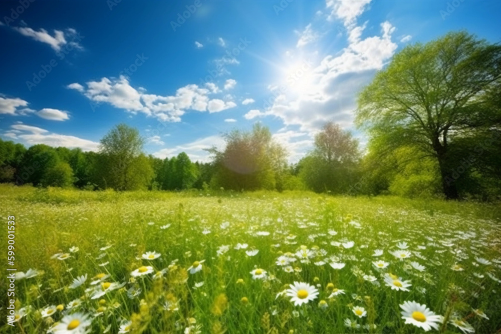 Panoramic natural spring landscape with green field flowers and sun ...
