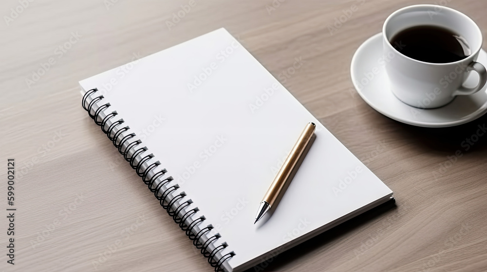 Carnet de notes à spirales vierge avec un style et une tasse de café ...