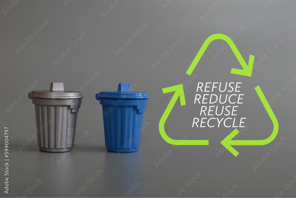 Toy dustbin and recycle symbol with text REFUSE, REDUCE, REUSE and ...