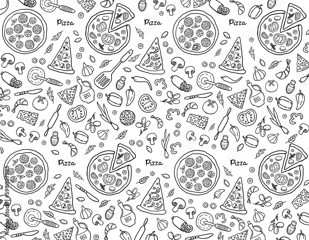 Pizza seamless pattern drawing with hand drawn doodles on white ...