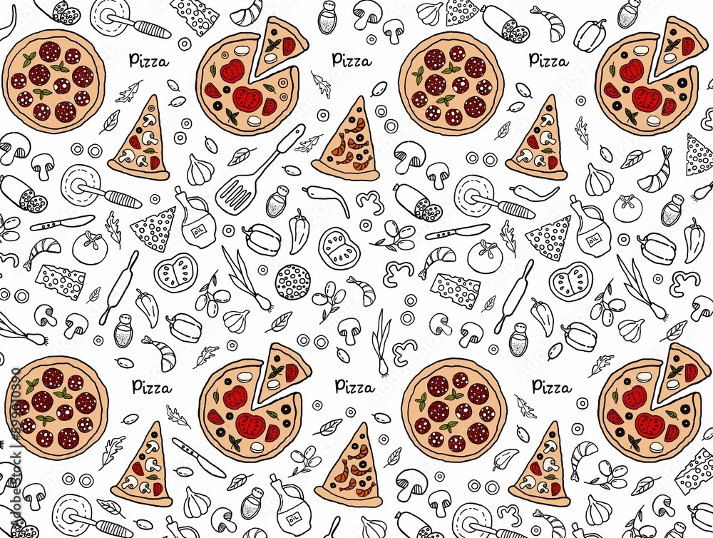 Pizza seamless pattern drawing with hand drawn doodles on white ...