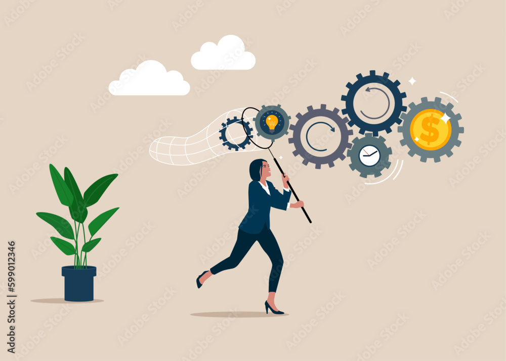 Businesswoman hurry chasing to catch flying gears, cogs icon.. Symbol ...