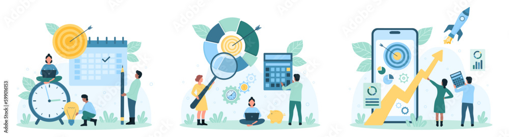 Business goal to increase profit set vector illustration. Cartoon tiny ...