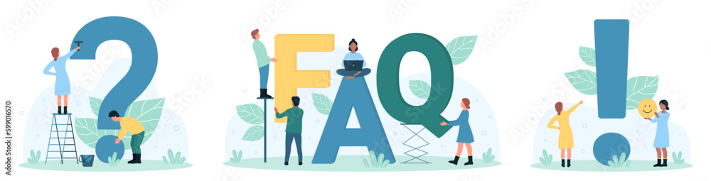 Frequently asked questions set vector illustration. Cartoon tiny man ...