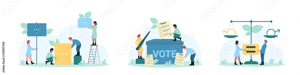 Human rights set vector illustration. Cartoon tiny man and woman ...