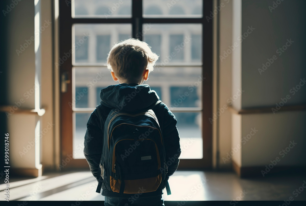 Little boy with backpack walking to school, back view, back to school ...