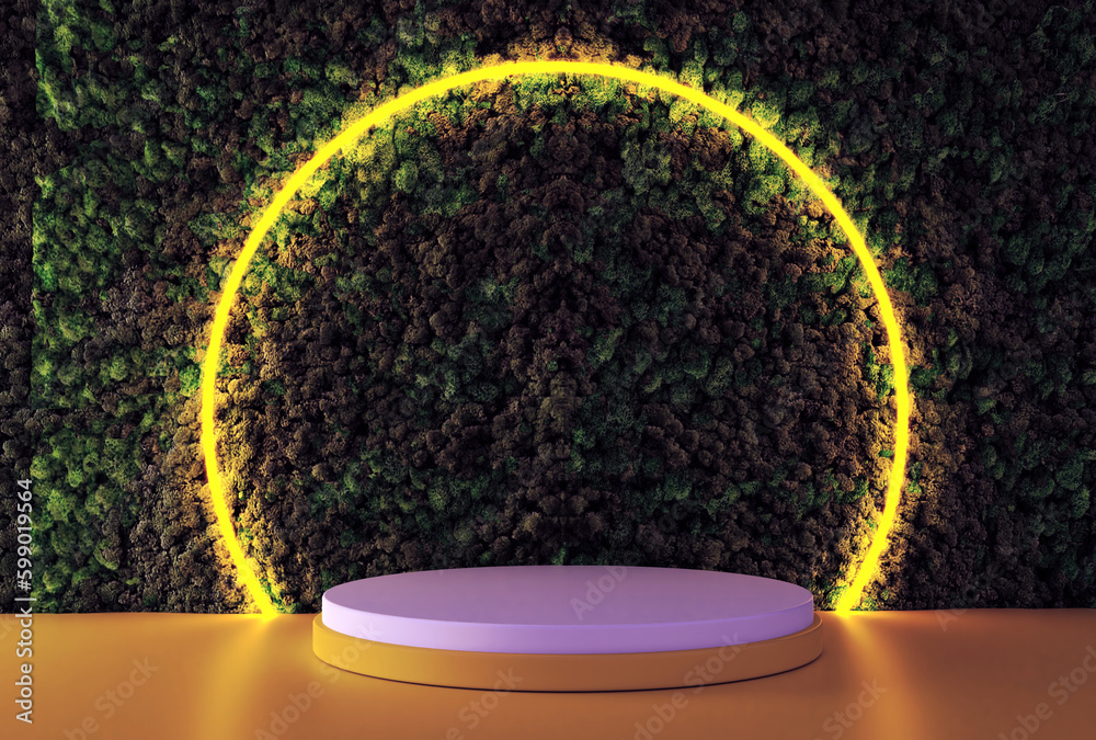 Moss leaves plant wall and neon light template. 3d rendering of green ...