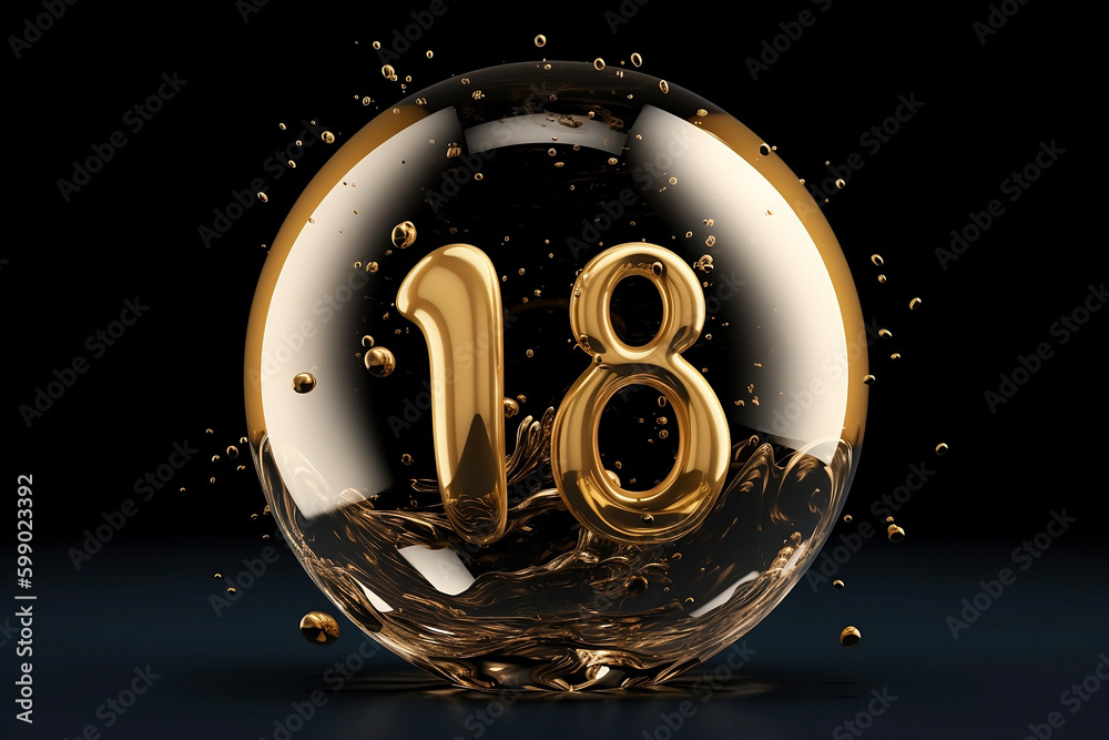 Gold Number 18 in a Clear Ice Bubble with a black background created ...