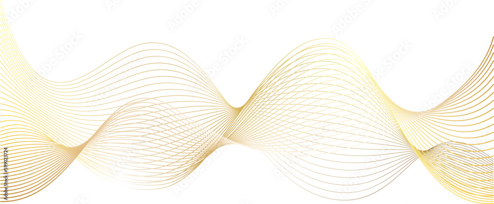 3d wavy gold lines swoosh on white background. Luxury beauty thin curves, swirl as stream flow ...
