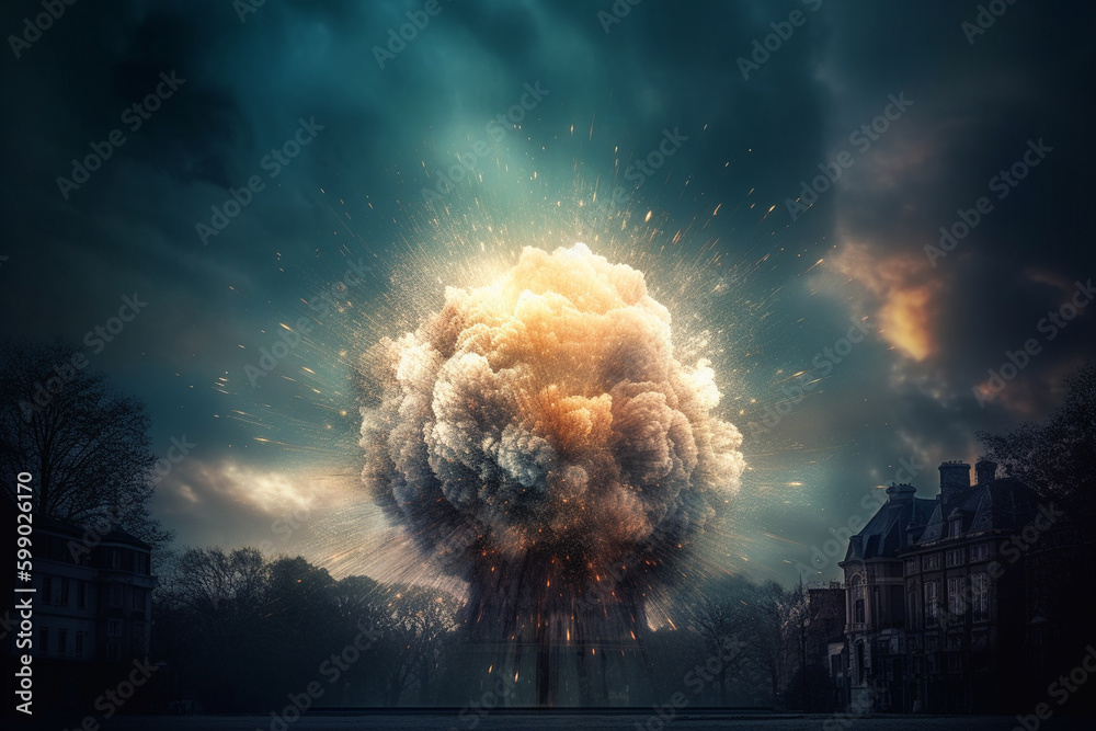 Big explosion with smoke on dark sky background. 3d rendering. Created ...