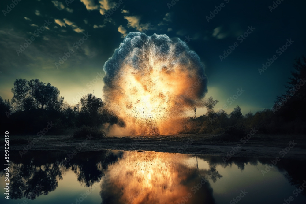 Big explosion with smoke on dark sky background. 3d rendering. Created ...