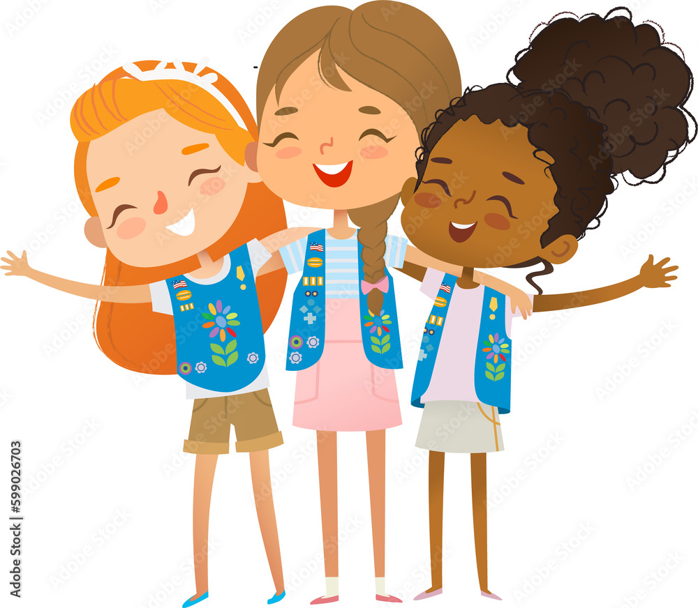 Happy multi ethnic multi aged girls scout hug. Girls Scout happily hug ...