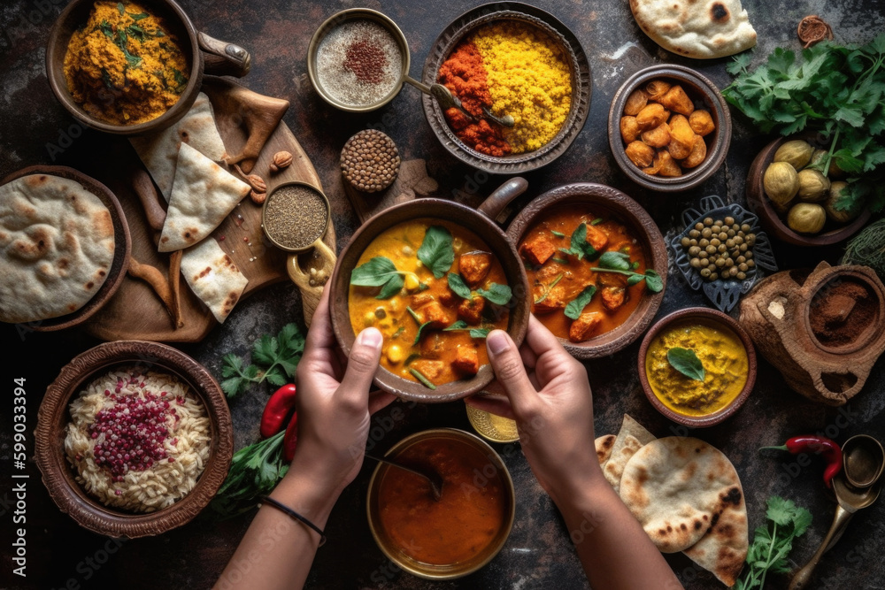 Assorted various Indian food on a dark rustic background. Generative AI ...